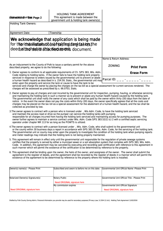 Fillable Holding Tank Agreement Form printable pdf download