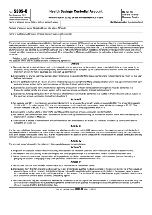 Fillable Form 5305-C - Health Savings Custodial Account printable pdf ...
