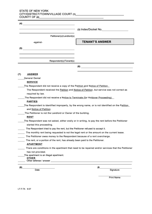 Fillable Form Lt-T-Ta - Tenant'S Answer printable pdf download