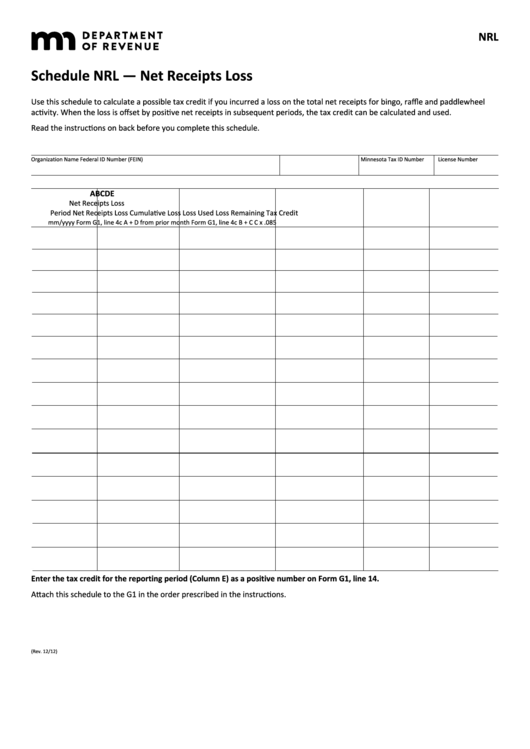 Fillable Schedule Nrl - Net Receipts Loss printable pdf download