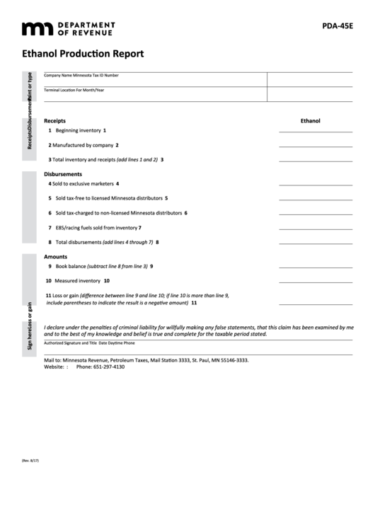 Fillable Form Pda-45e - Ethanol Production Report printable pdf download