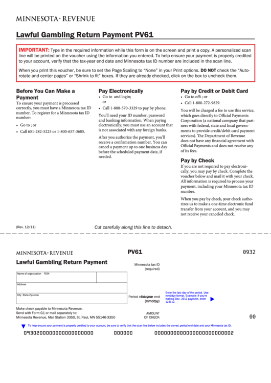 Fillable Form Pv61 - Lawful Gambling Return Payment printable pdf download