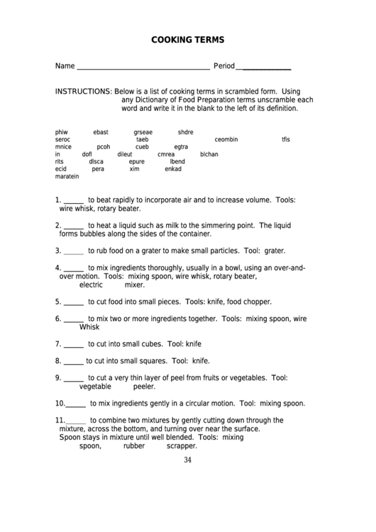 Cooking Terms Vocabulary Worksheet Template printable pdf download