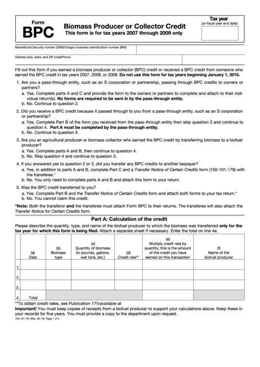 Fillable Form Bpc - Biomass Producer Or Collector Credit printable pdf ...
