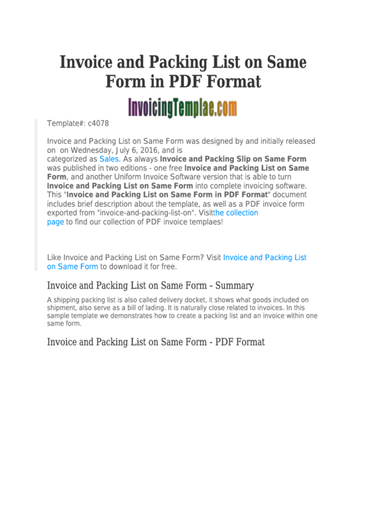 Invoice And Packing List On Same Form printable pdf download