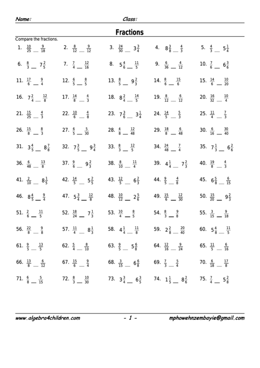 Mixed Fraction Compare Worksheet With Answer Key printable pdf download