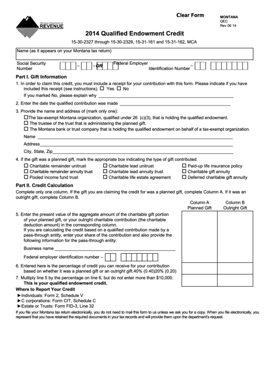 Fillable Form Qec - Qualified Endowment Credit- 2014 printable pdf download