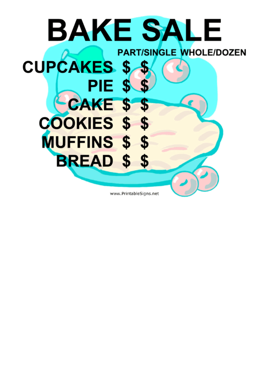 Bake Sale With Price List Sign Printable Pdf Download
