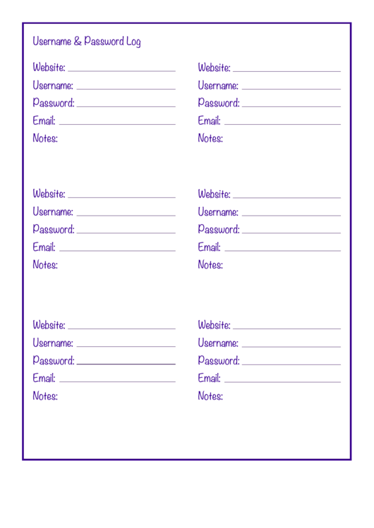 Username & Password Log Template printable pdf download