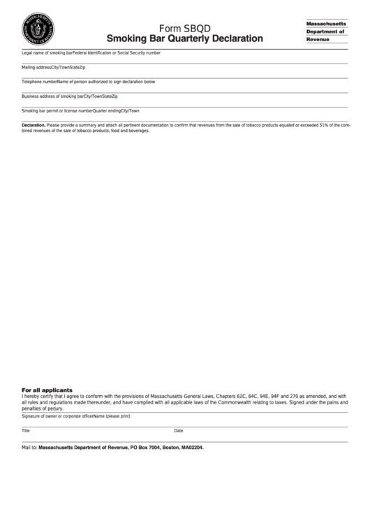 Form Sbqd - Smoking Bar Quarterly Declaration printable pdf download