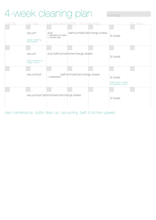 4-Week Cleaning Schedule printable pdf download