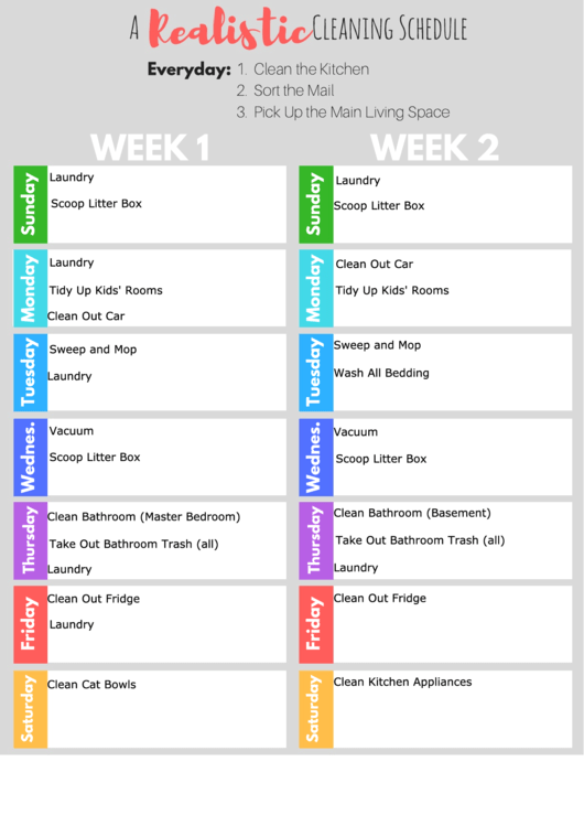 Weekly Realistic Cleaning Schedule printable pdf download