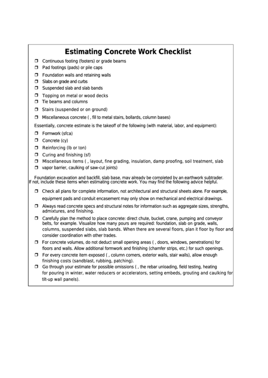 Estimating Concrete Work Home Building Checklist Template printable pdf ...