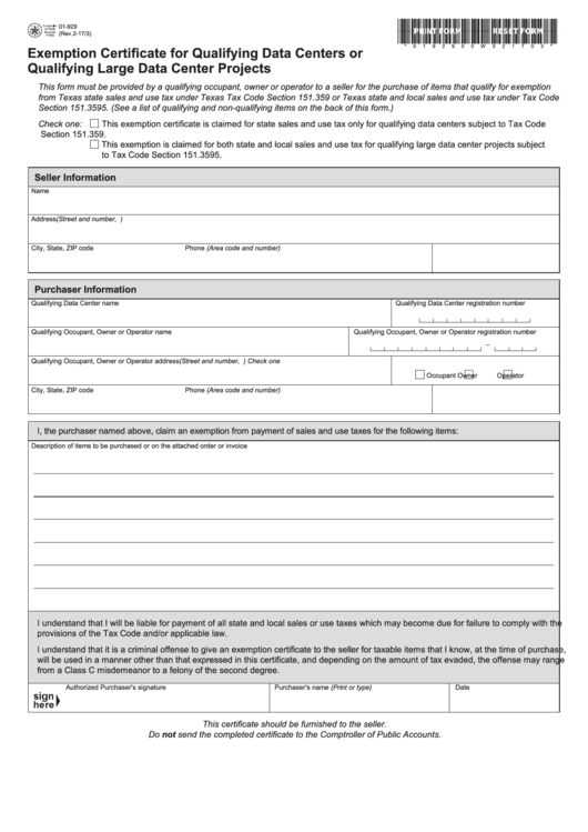 Fillable Form 01-929 - Exemption Certificate For Qualifying Data ...