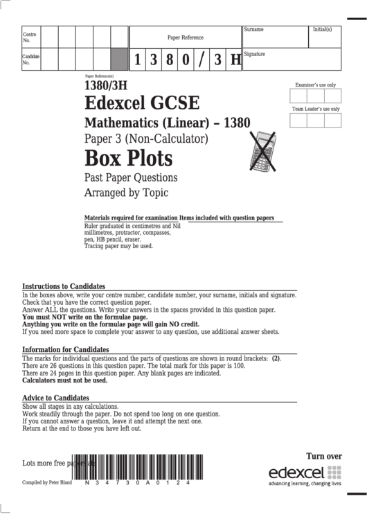 Edexcel Gcse Mathematics (Linear) - Box Plots printable pdf download