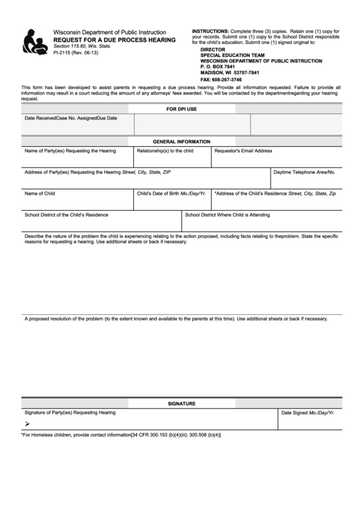 Form Pi-2115 - Request For A Due Process Hearing printable pdf download