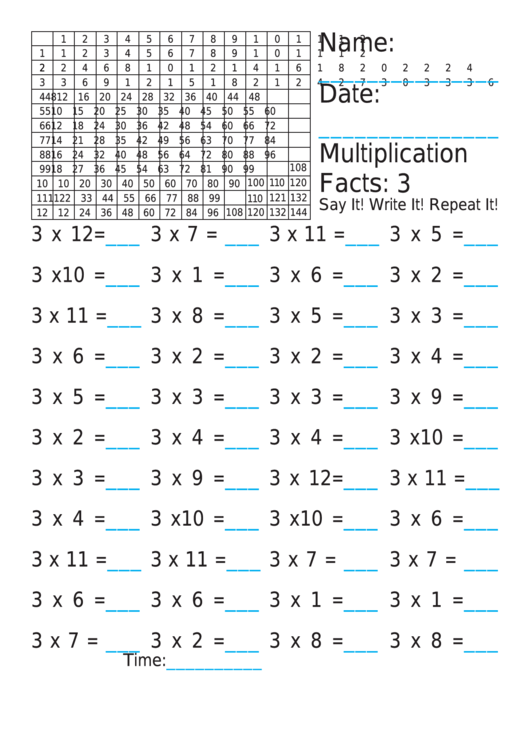 Multiplication 3x Worksheet printable pdf download