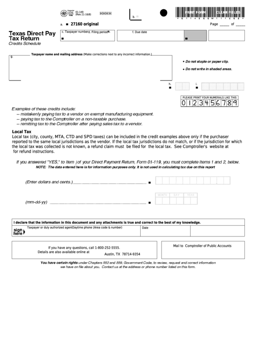 Fillable Form 01-149 - Texas Direct Pay Tax Return - Credits Schedule ...