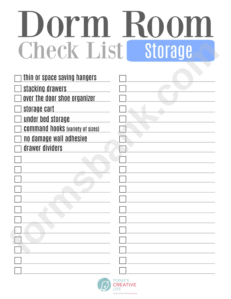 Dorm Room Storage Checklist Template printable pdf download