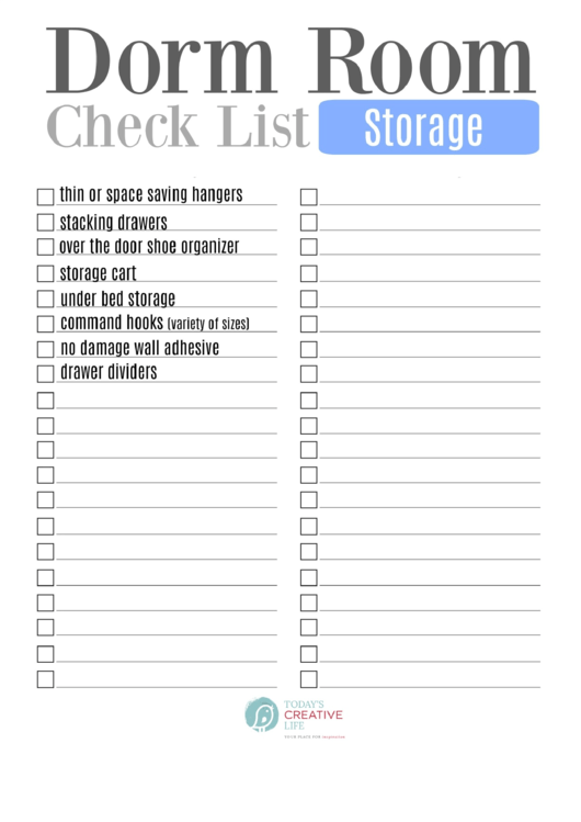 Dorm Room Storage Checklist Template printable pdf download
