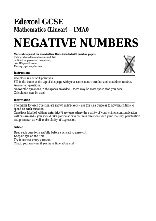 Edexcel Gcse Mathematics (Linear) - Negative Numbers printable pdf download
