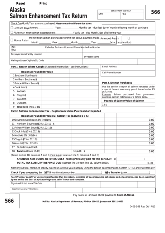 Fillable Form 566 - Alaska Salmon Enhancement Tax Return 566 printable ...