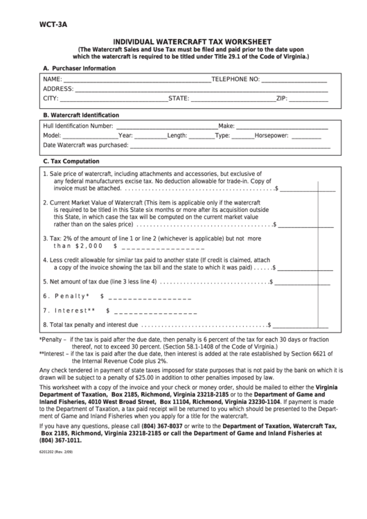 Fillable Form Wct-3a - Virginia Individual Watercraft Tax Worksheet ...