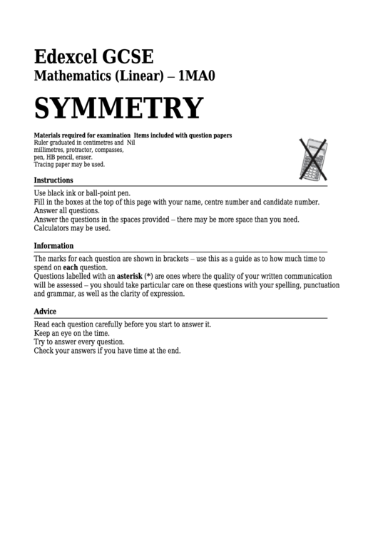 Edexcel Gcse Mathematics (Linear) - Symmetry printable pdf download