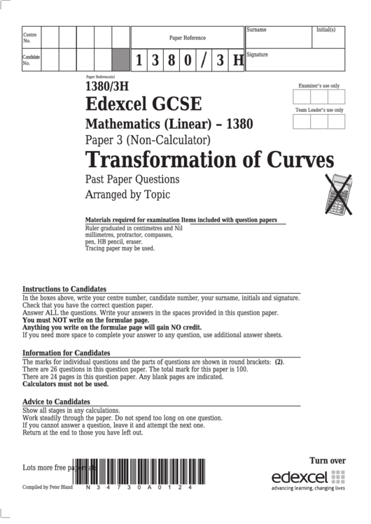 Edexcel Gcse Mathematics (Linear) - Transformation Of Curves printable ...