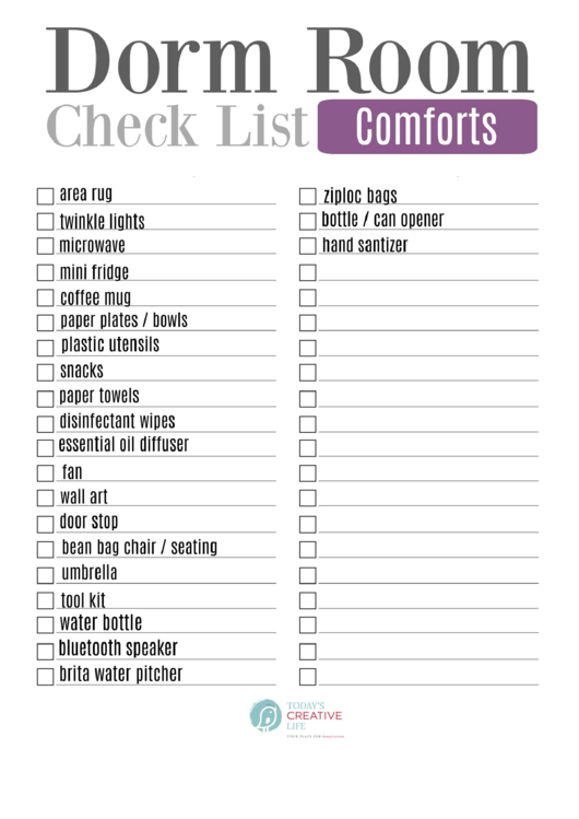 Dorm Room Comforts Checklist printable pdf download