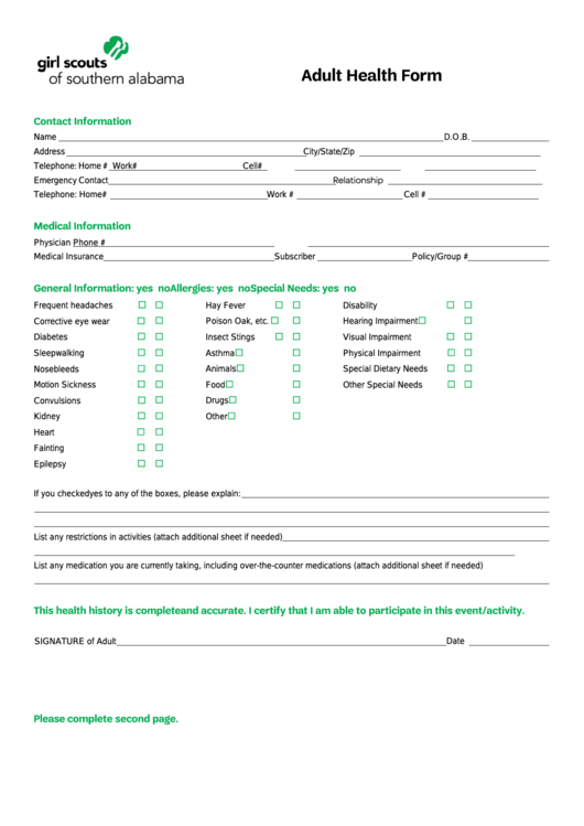Fillable Adult Health Form - Girl Scouts Of Southern Alabama printable ...