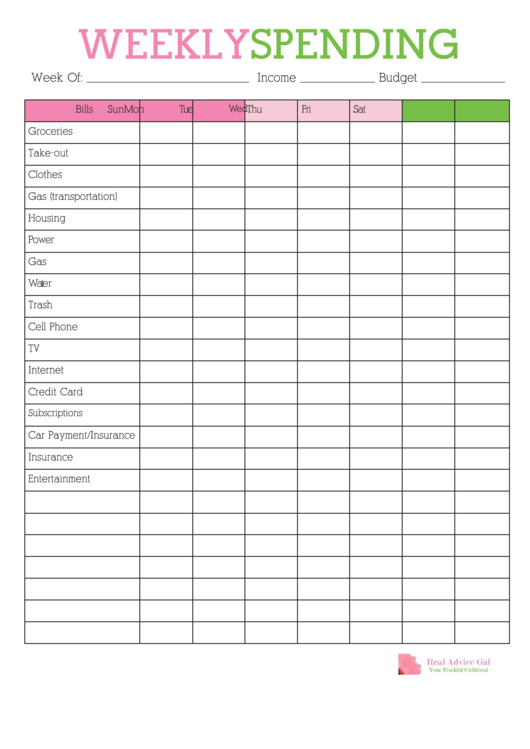 Weekly Spending Template Printable Pdf Download