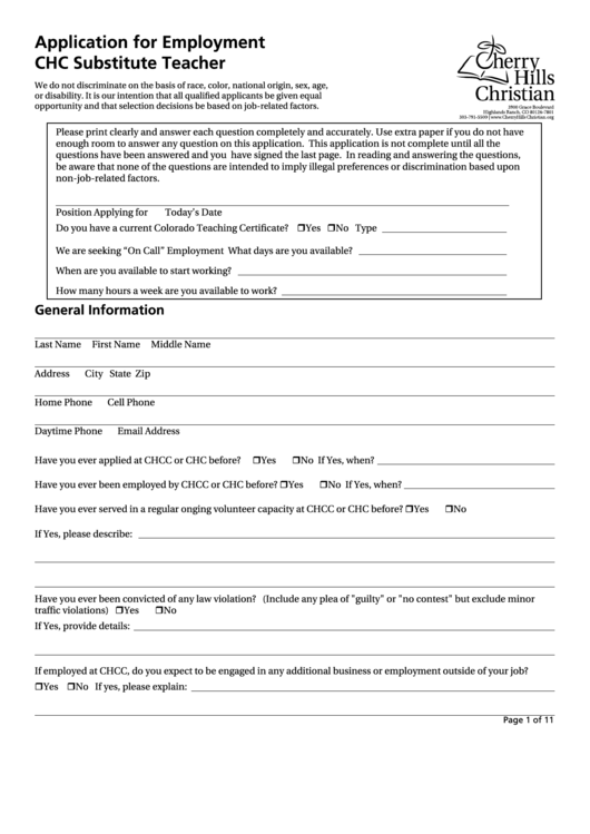 Application For Employment Chc Substitute Teacher Form printable pdf ...