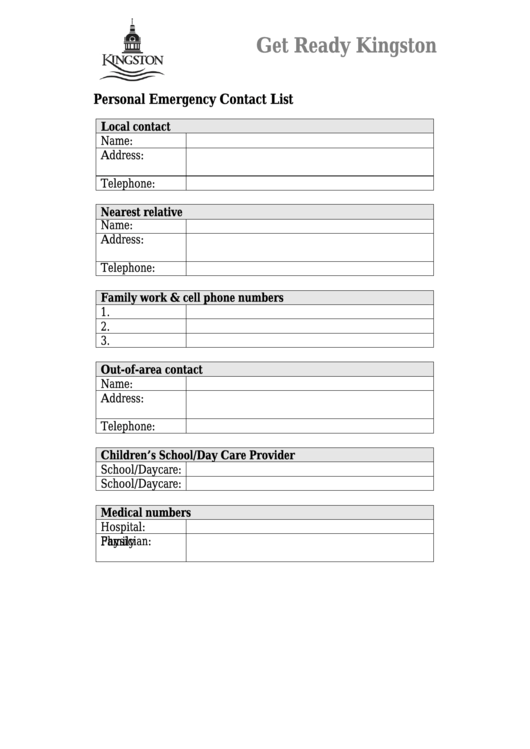 Personal Emergency Contact List printable pdf download