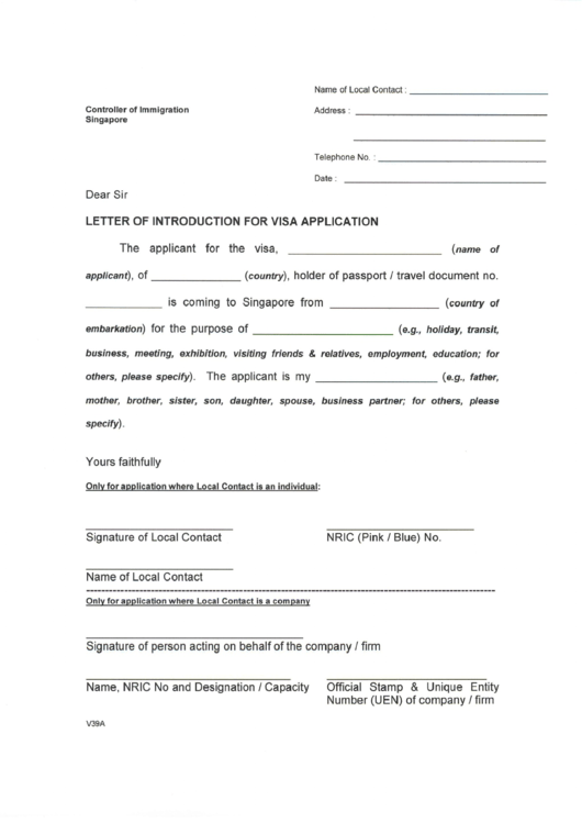 Letter Of Introduction For Visa Application Printable Pdf Download