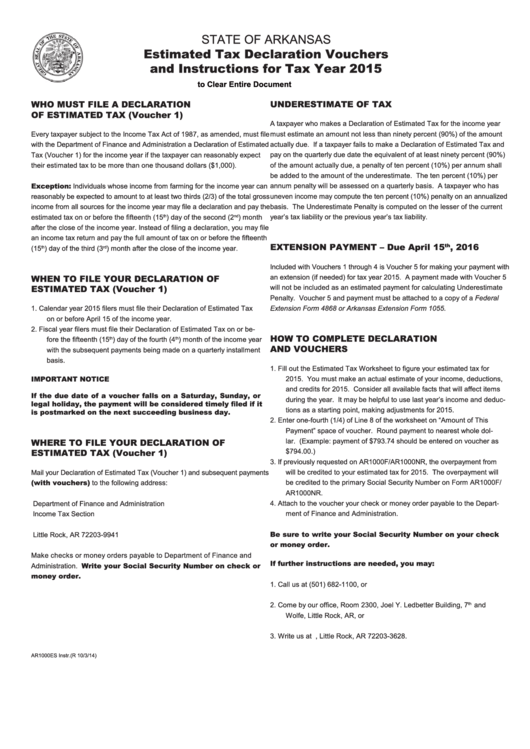 Fillable Form Ar1000es - Estimated Tax For Individuals (Declaration ...