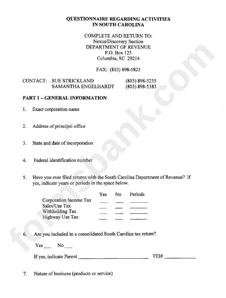 Questionnaire Regarding Activities In South Carolina printable pdf download