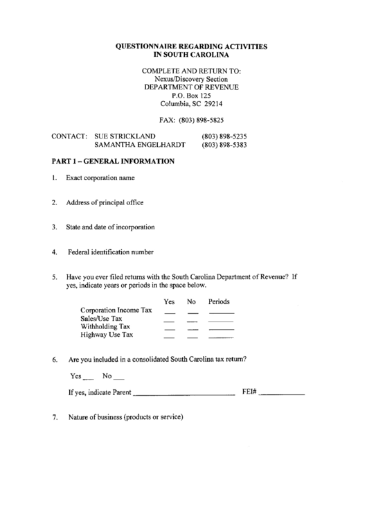 Questionnaire Regarding Activities In South Carolina printable pdf download