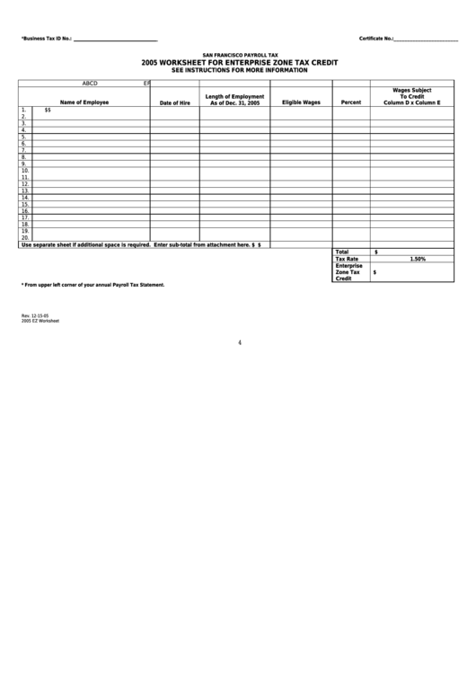 Worksheet For Enterprise Zone Tax Credit - San Francisco Payroll Tax ...