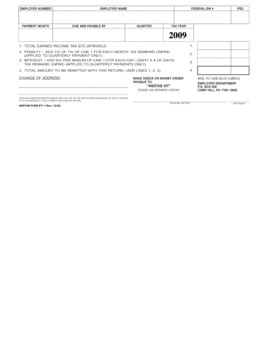 Form Eit-1 - Quarterly Reconciliation Of Eit (Earned Income Tax) - 2009 ...