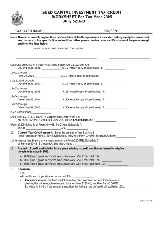Seed Capital Investment Tax Credit Worksheet For Tax Year 2005 ...