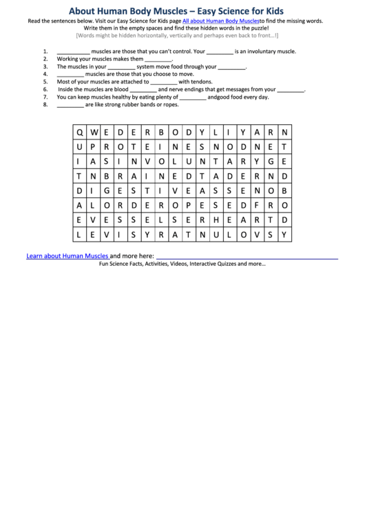 About Human Body Muscles - Easy Science For Kids Worksheet printable ...