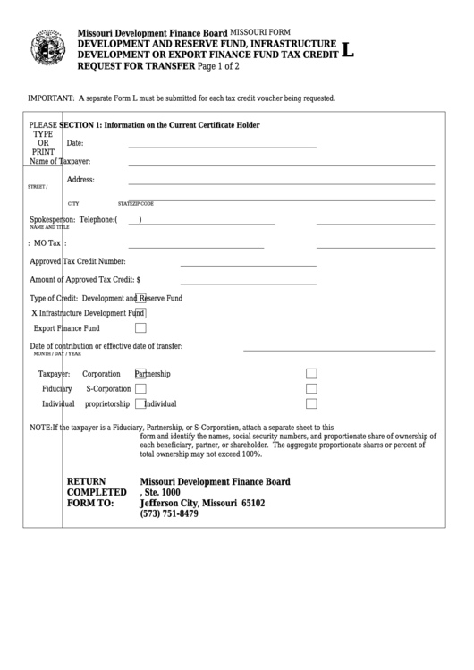 Missouri Form L - Development Reserve Fund, Infrastructure Development ...