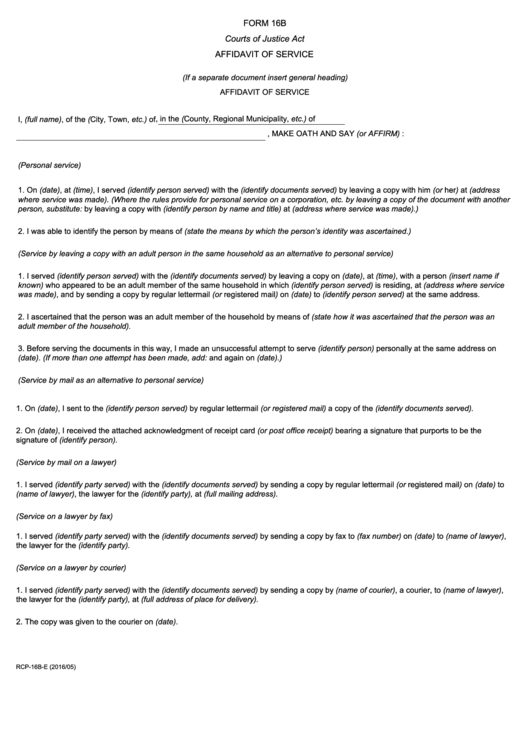 Form Rcp-16b-E - Affidavit Of Service printable pdf download
