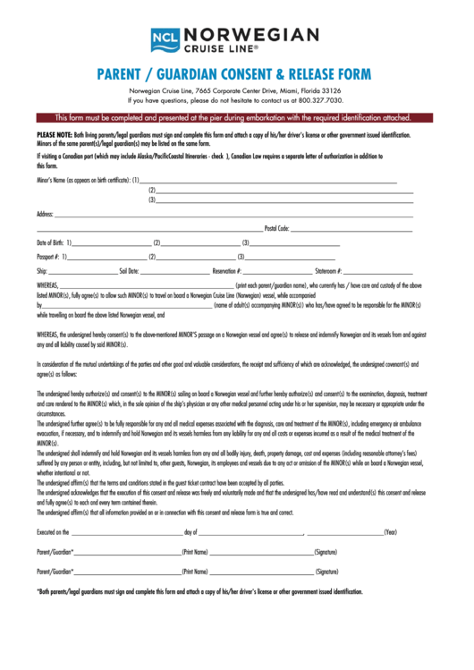 Fillable Parent guardian Consent Release Form Printable Pdf Download