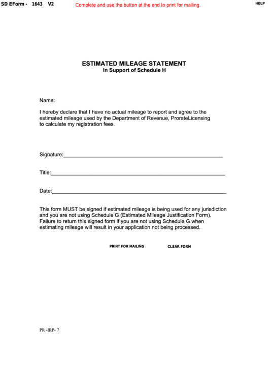 Fillable Form 1643 - South Dakota Estimated Mileage Statement printable ...