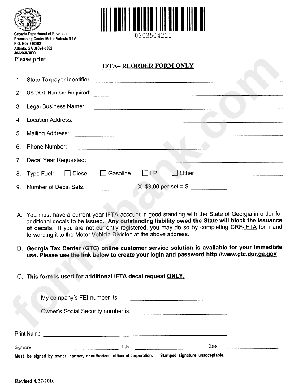 Fillable Ifta-Reorder Form - Georgia Department Of Revenue printable ...