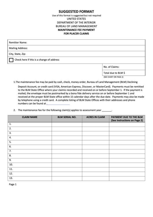 Maintenance Fee Payment For Placer Claims Form printable pdf download