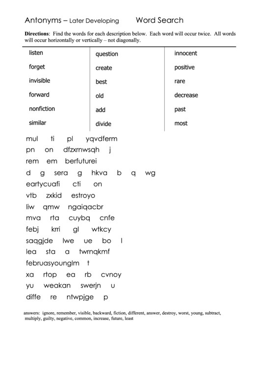 Antonyms Word Search Puzzle Template printable pdf download