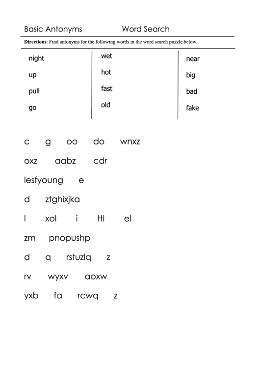 Basic Antonyms Word Search Puzzle Template printable pdf download